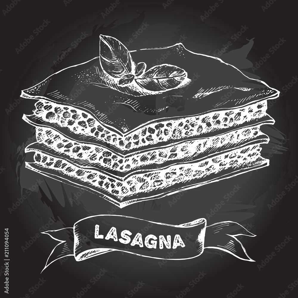 Lasagna with basil leaves. Dish of Italian cuisine. Ink hand drawn ...