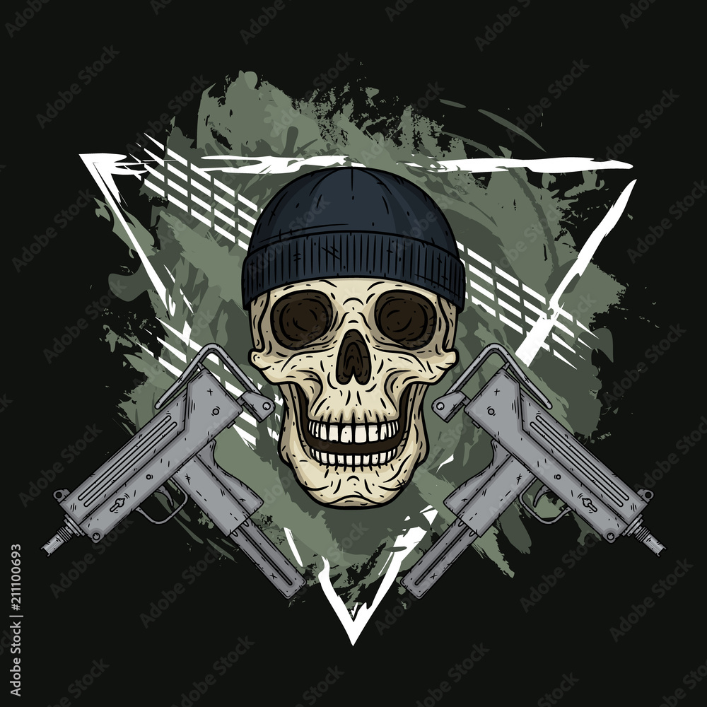Skull. Vector illustration of human skull with black hat and two uzi ...