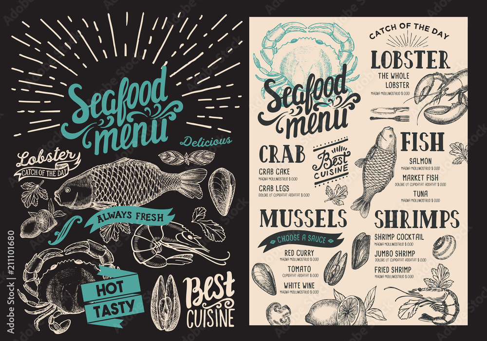 Seafood menu for restaurant on blackboard background. Vector food flyer ...