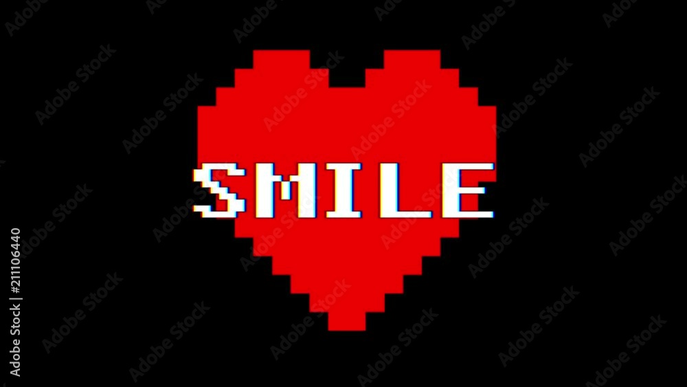 pixel heart SMILE word text glitch interference screen seamless loop ...
