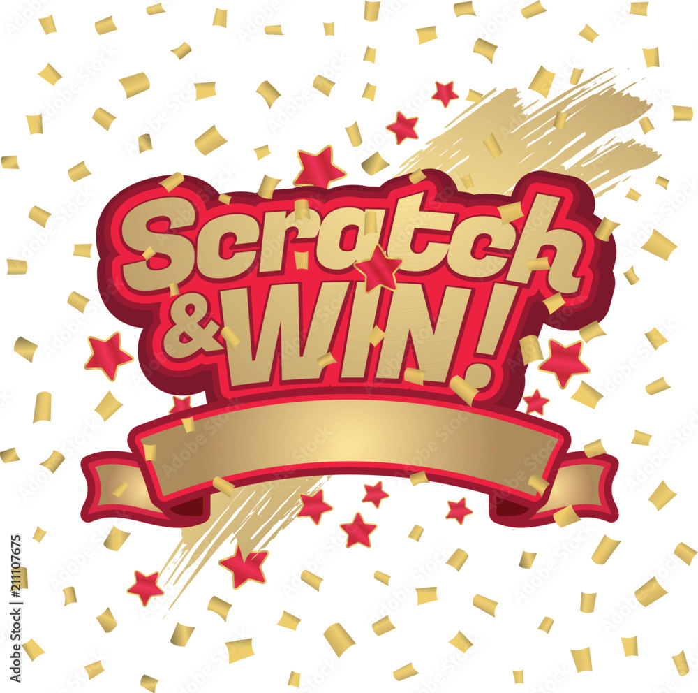 Scratch and win letters. Scratched effect background and stars. Ribbon ...