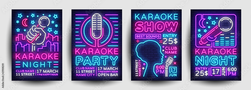 Karaoke party poster collection neon vector. Karaoke night design ...