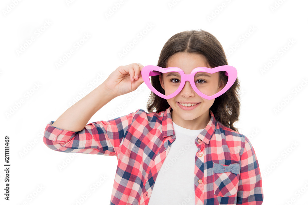 Lovely glance. Kid girl heart shaped eyeglasses cheerful. Girl curly ...