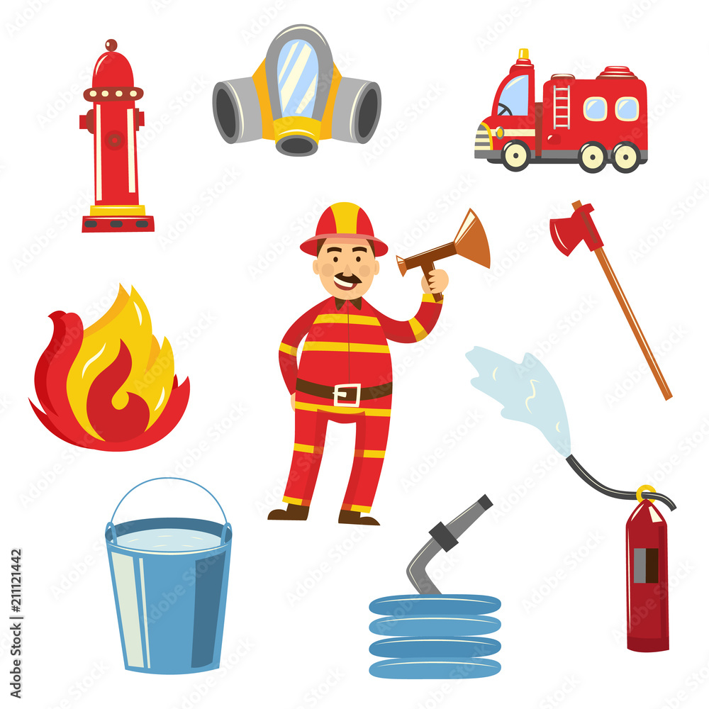 Fireman in fire protection uniform, helmet standing with megaphone ...