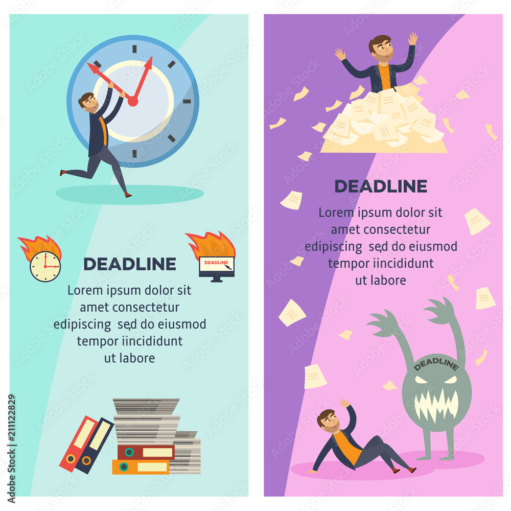 Deadline and time management banners set with overworked and littered ...