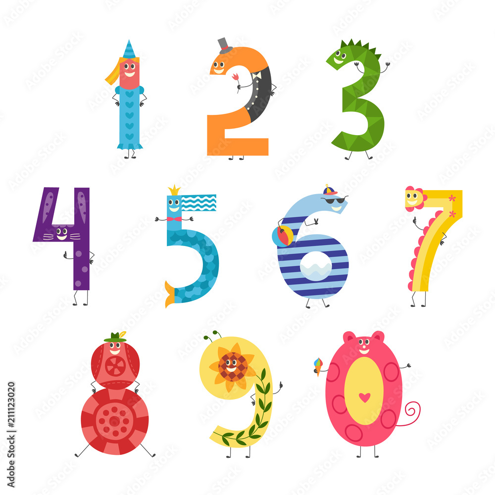 Cute cartoon number set for teaching children or birthday invitation ...
