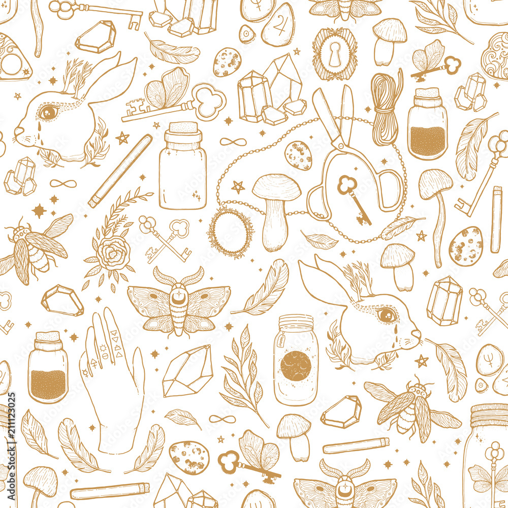 Sketch vector graphic seamless pattern illustration with mystic and ...