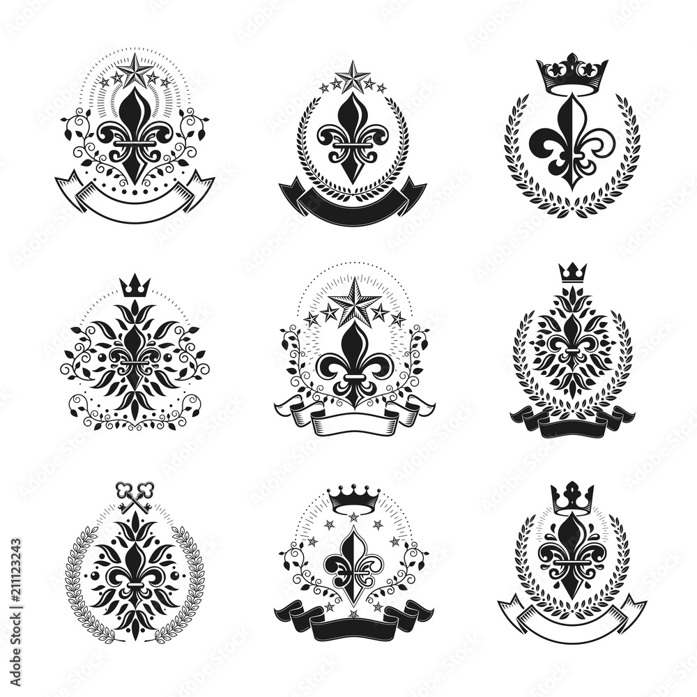 Lily Flowers Royal symbols emblems set. Heraldic Coat of Arms ...