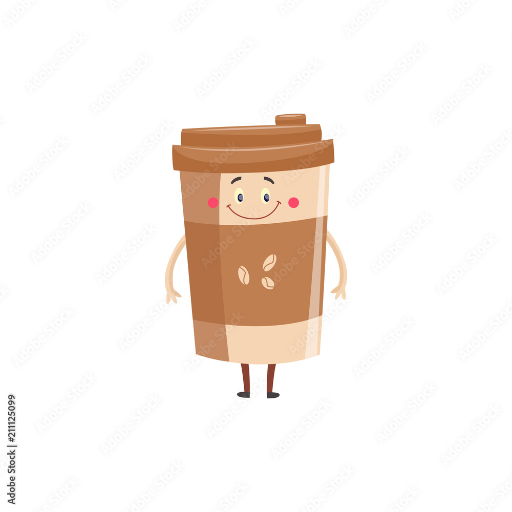 Paper cup of coffee cartoon character standing and smiling isolated on ...