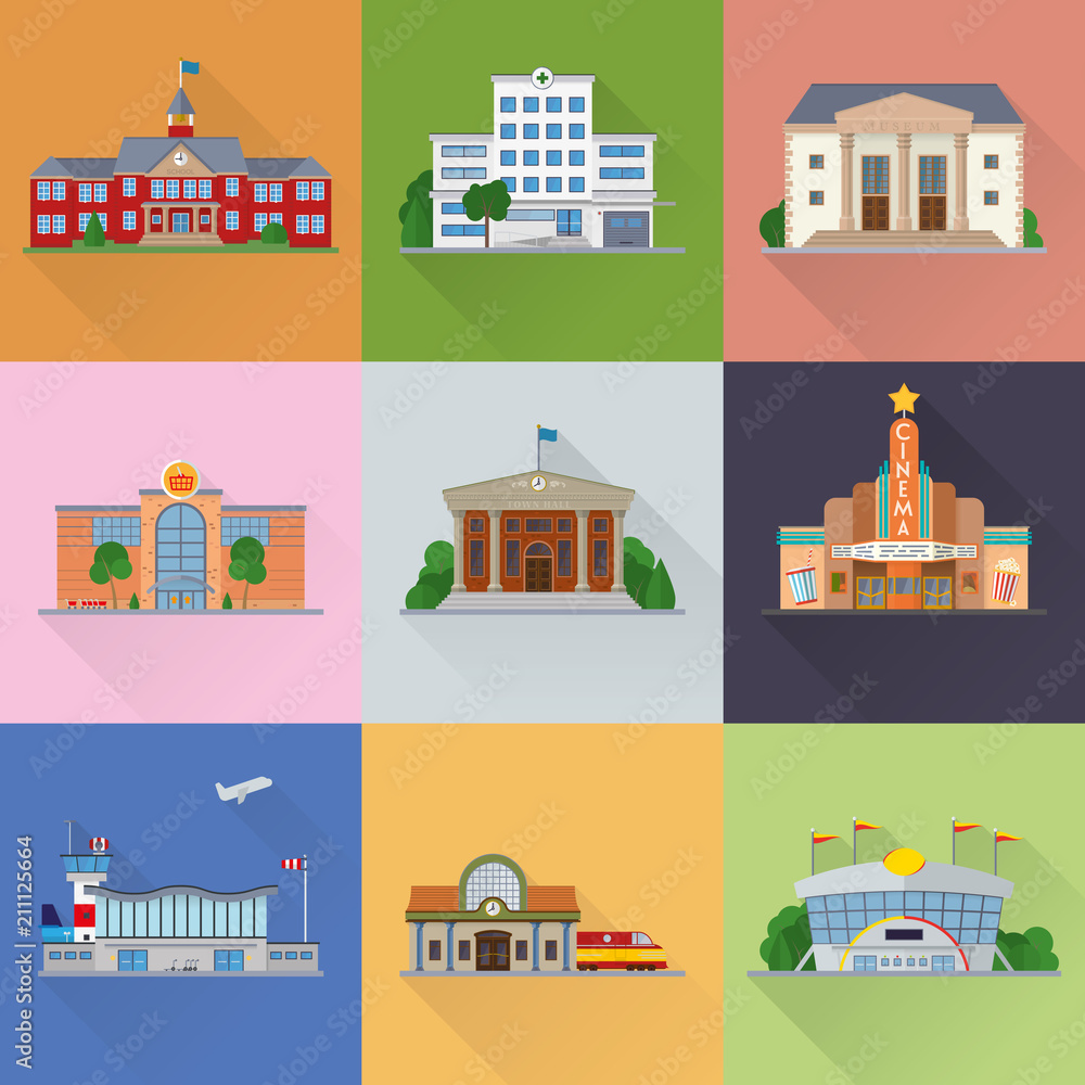 Public buildings and facilities flat design vector icons Stock Vector ...