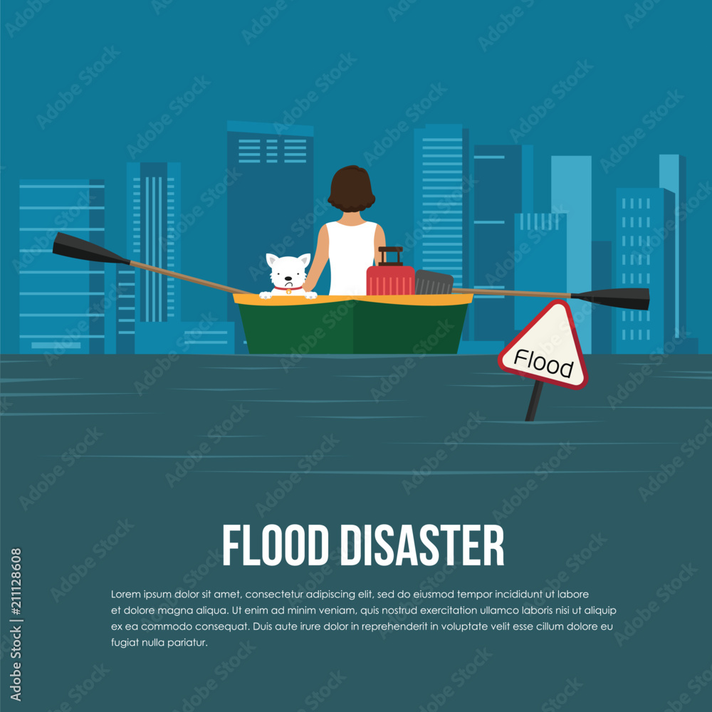 Flood disaster with flood warning banner,woman and dog on boat in flood ...