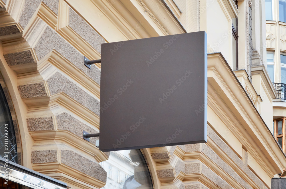 Simple store signage mockup. Square shape. Modern city facade in the ...