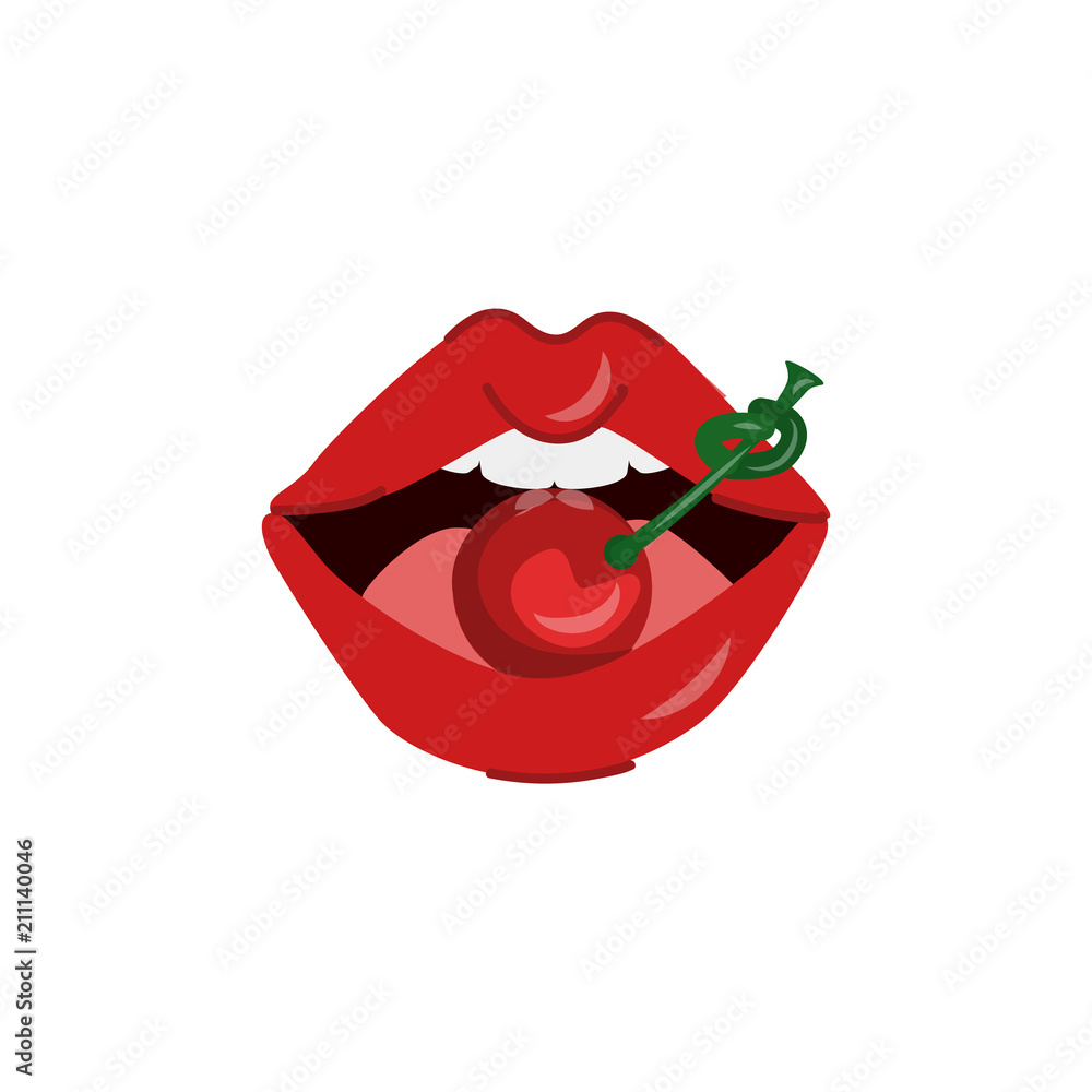 Woman Mouth Open With Sexy Lips White Teeth Biting Cherry Red Lipstick Makeup Glamour Fashion