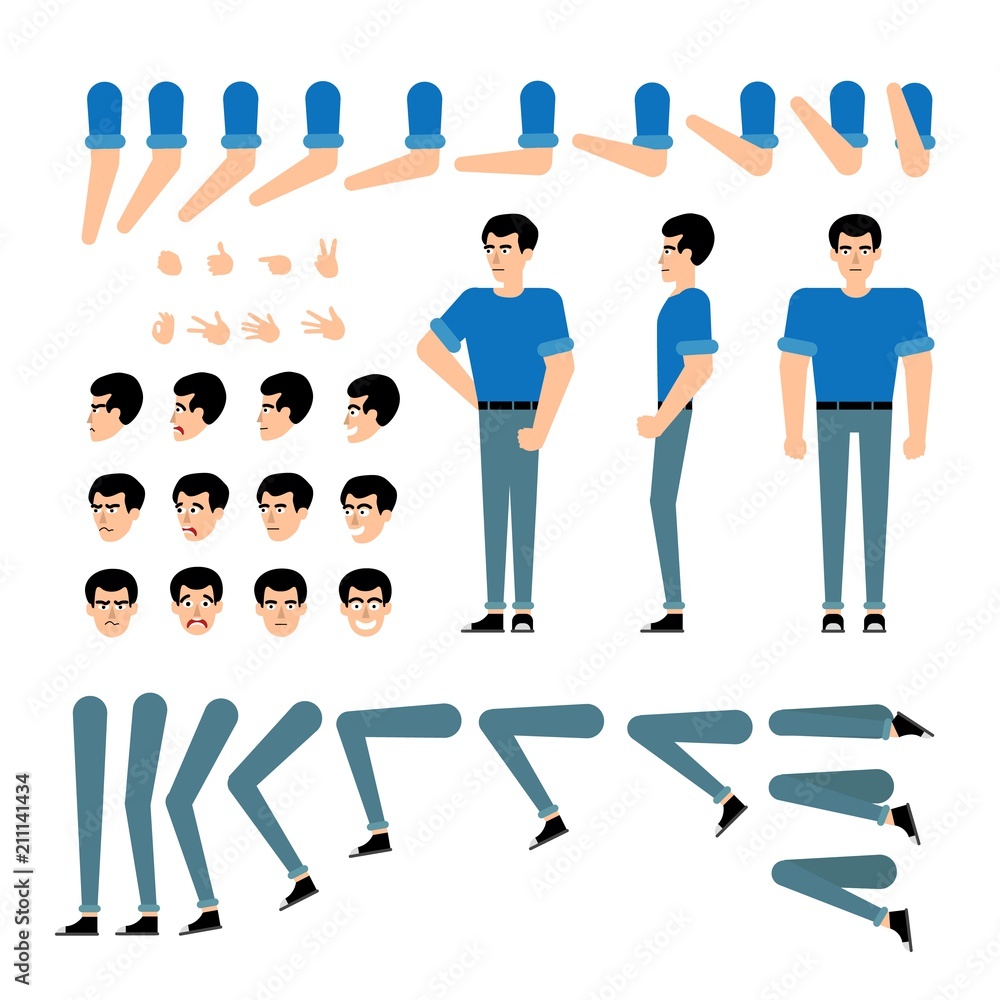 Young man creation kit - guy in t-shirt and jeans set of various body ...