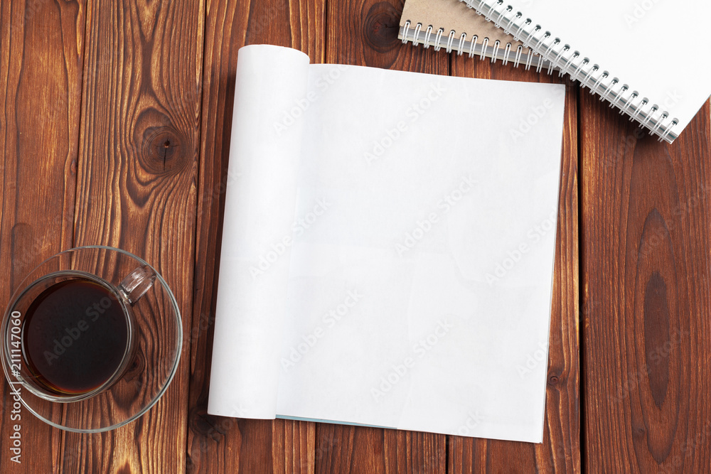 Open blank journal pages for your design copy space on wooden background Stock-Foto | Adobe Stock
