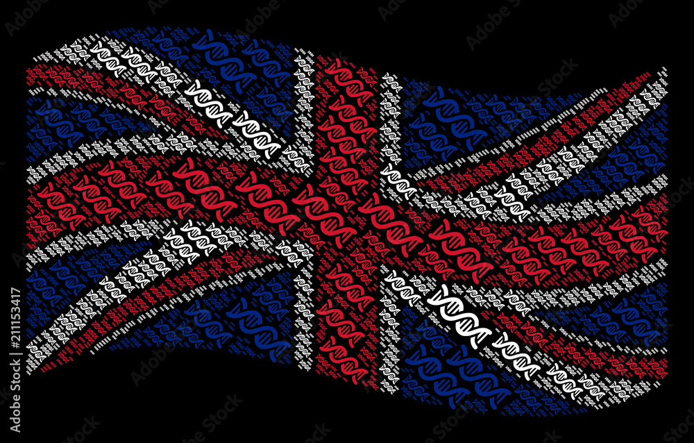 Waving UK official flag on a black background. Vector DNA spiral ...