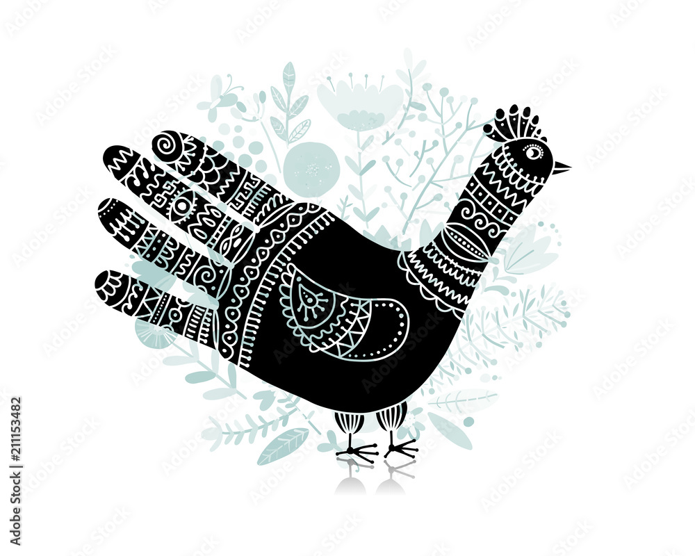 Bird shape made from hand palm and fingers, ornate sketch for your ...