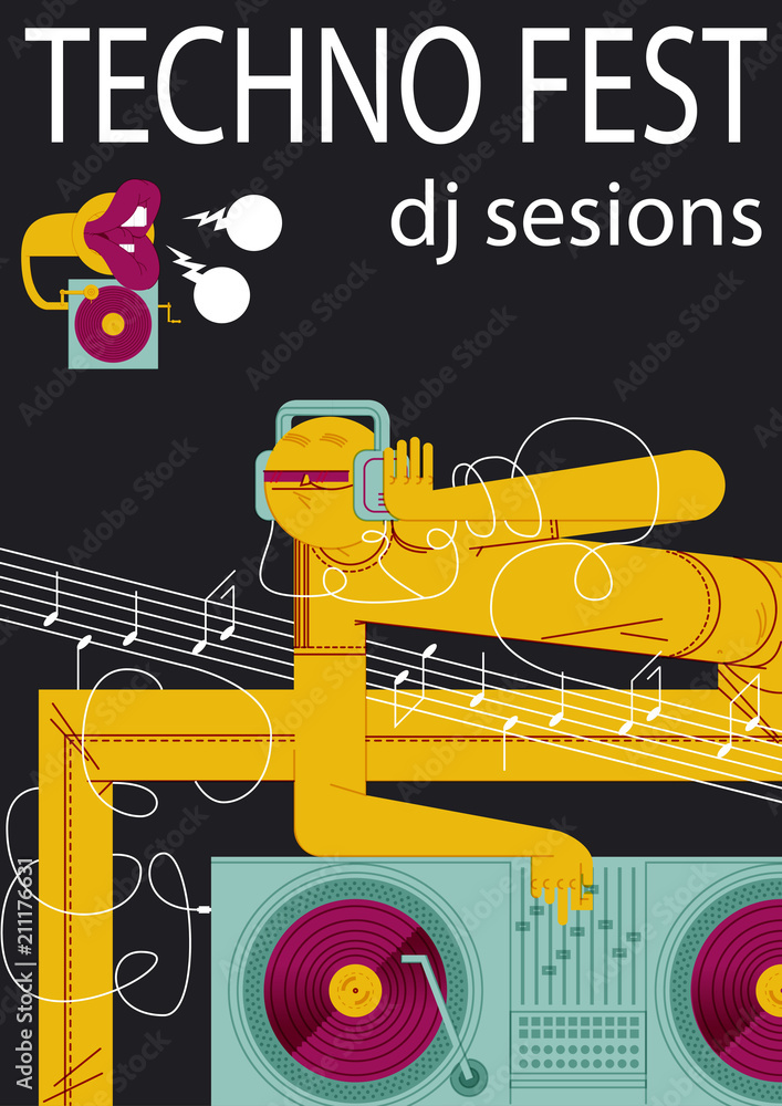 TECHNO FEST. DJ SESSIONS. A serie of music festivals posters. Funny and ...