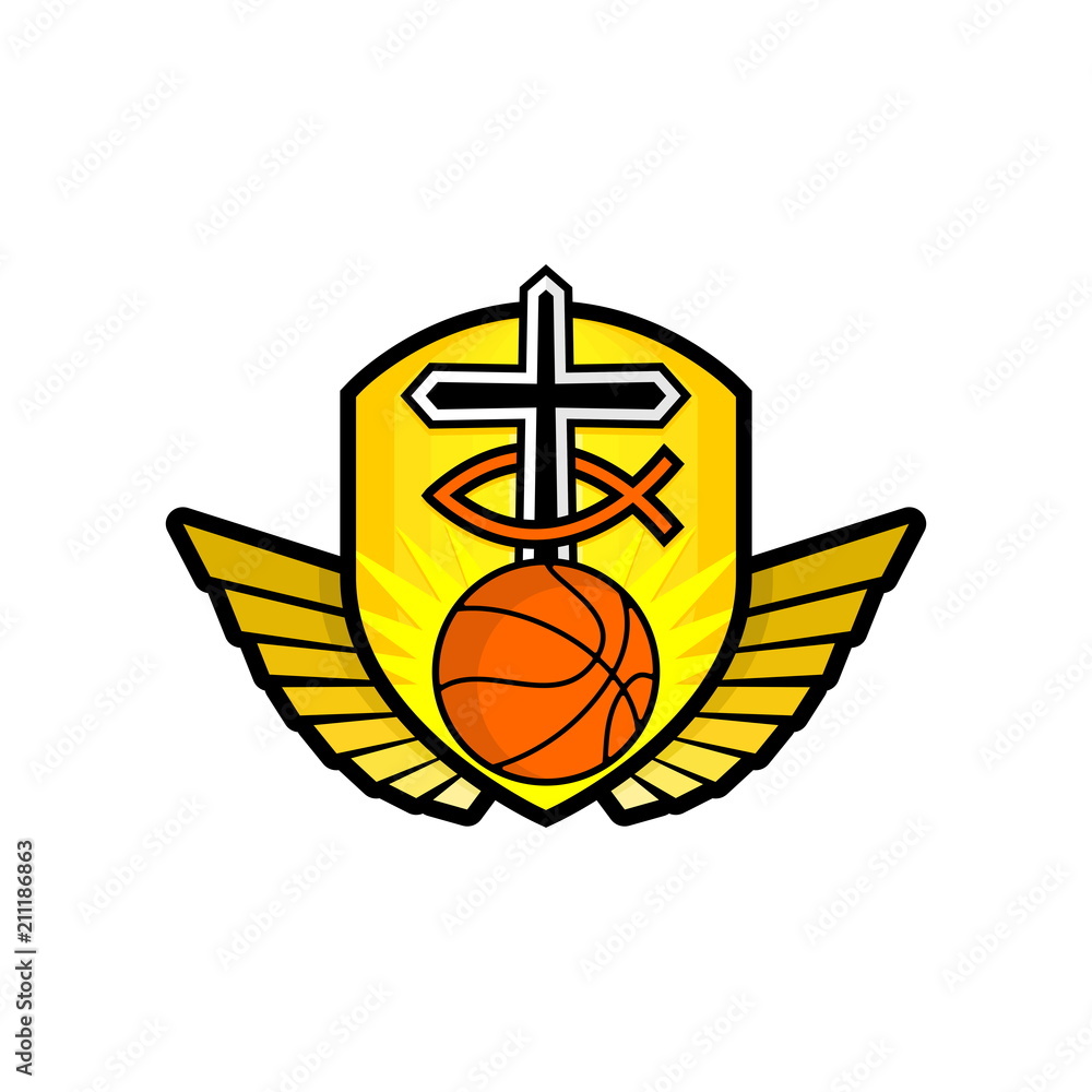 Christian sports logo. The golden shield, the cross of Jesus, the sign ...