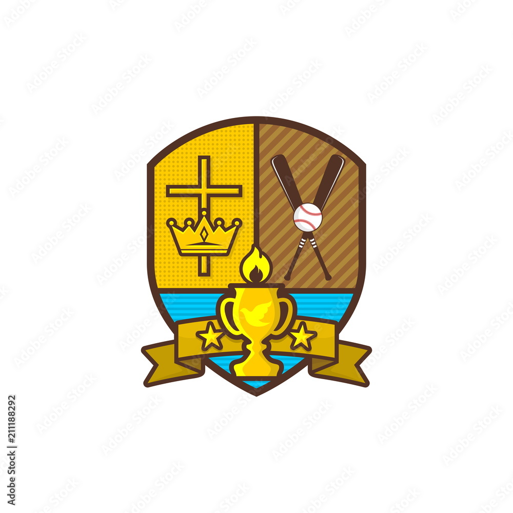 Christian sports logo. Shield, goblet, cross of Jesus, crown. A ...