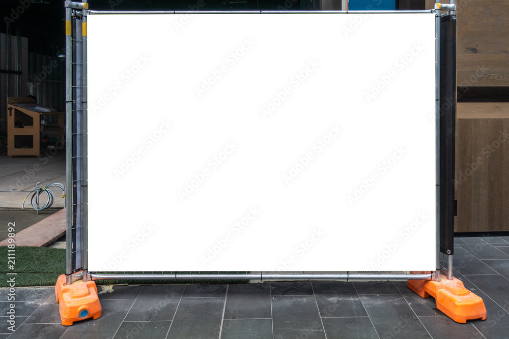 Rectangle blank advertising space on construction barrier/fence. White ...