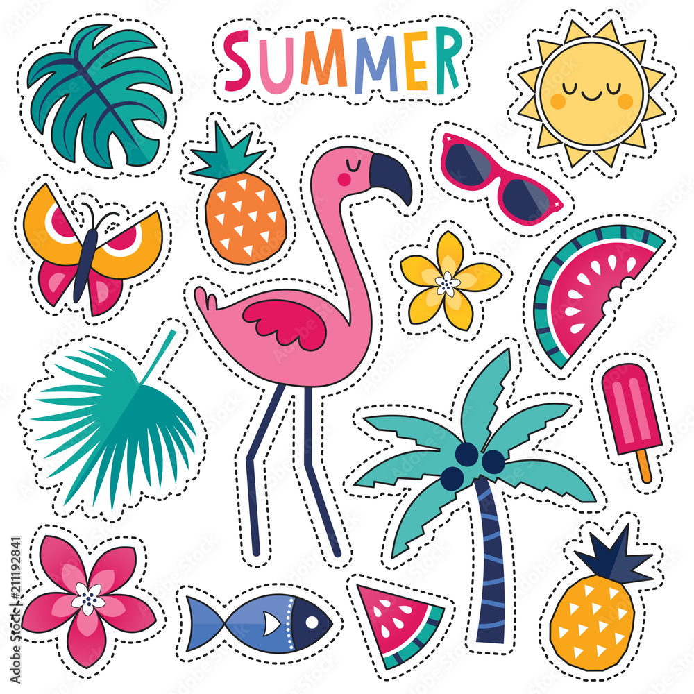Cartoon style vector summer patches with cute pink flamingo, tropical ...
