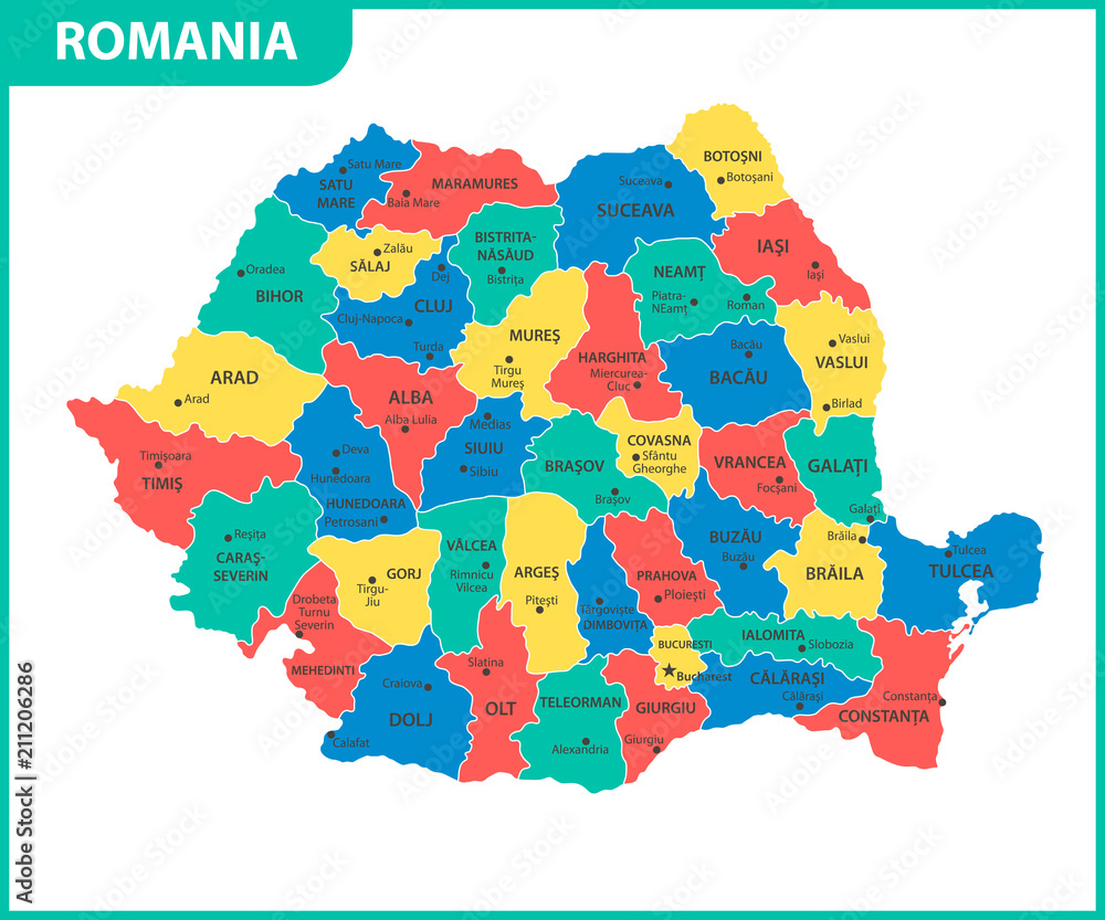 The detailed map of the Romania with regions or states and cities ...