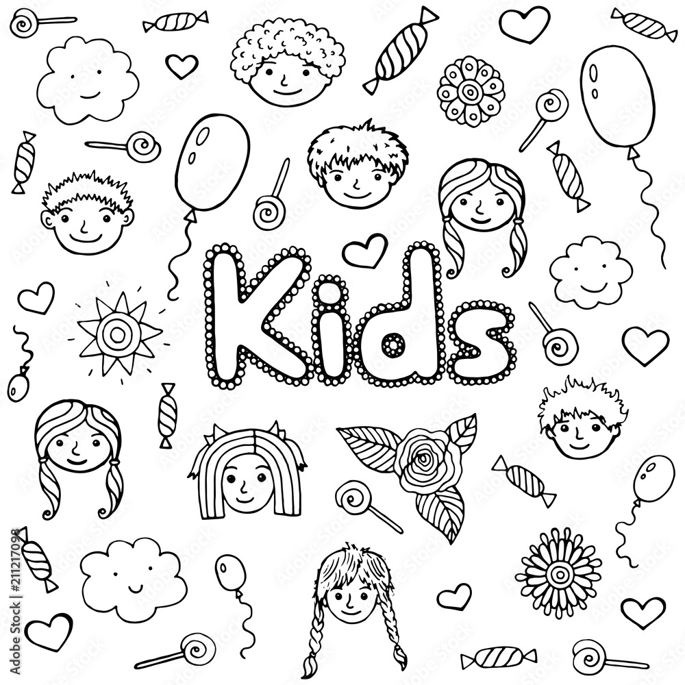 Word kids - coloring page for adults and children. Doodle cartoon line ...