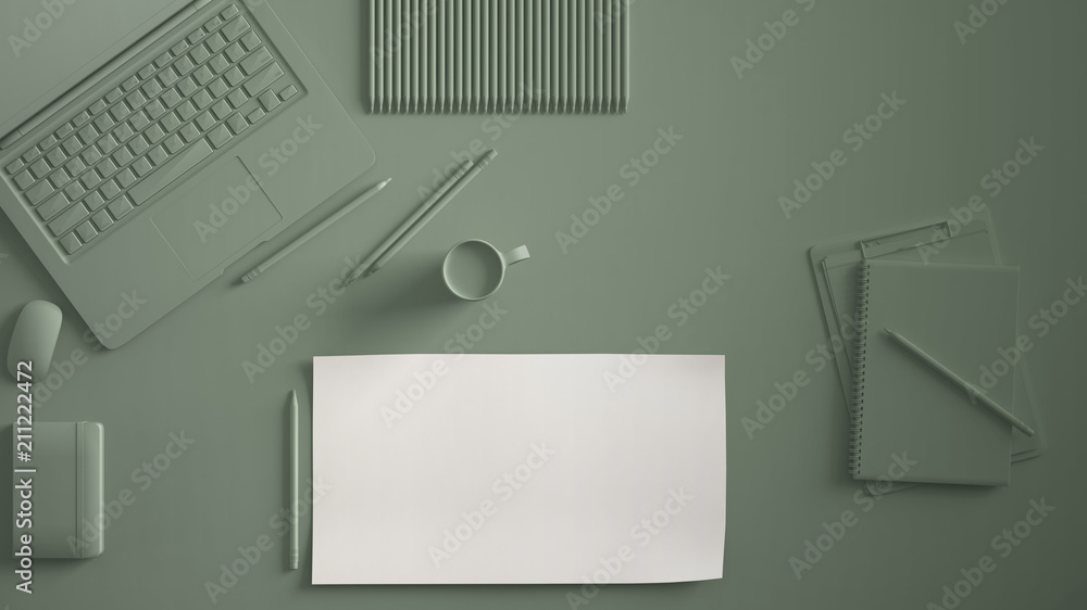 Pastel green monochrome minimal office table desk. Workspace with ...