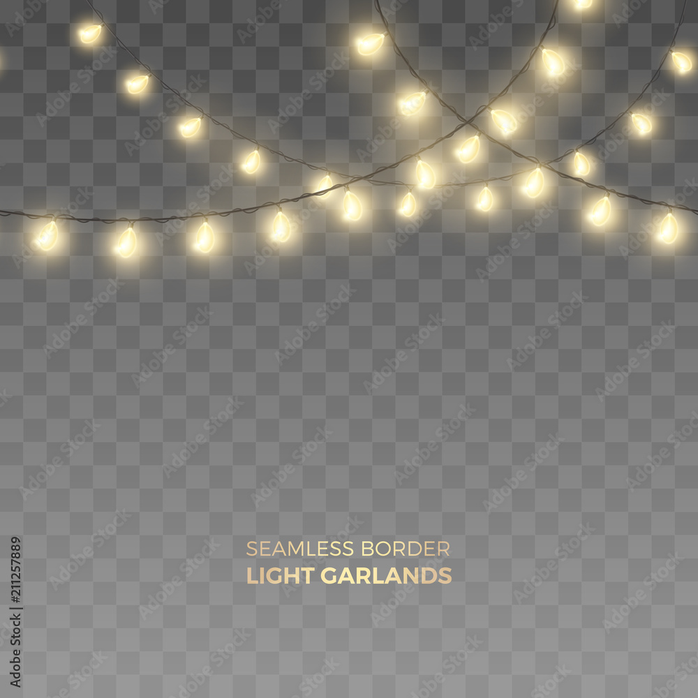 Vector seamless horizontal border of realistic light garlands. Festive ...