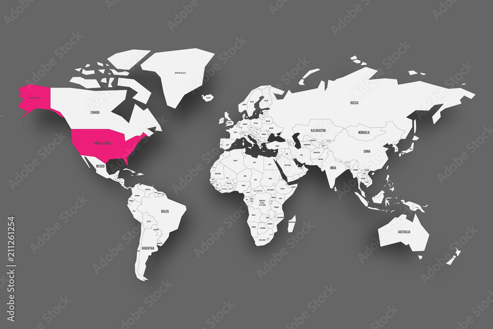 United States of America, US or USA, pink highlighted in map of World ...