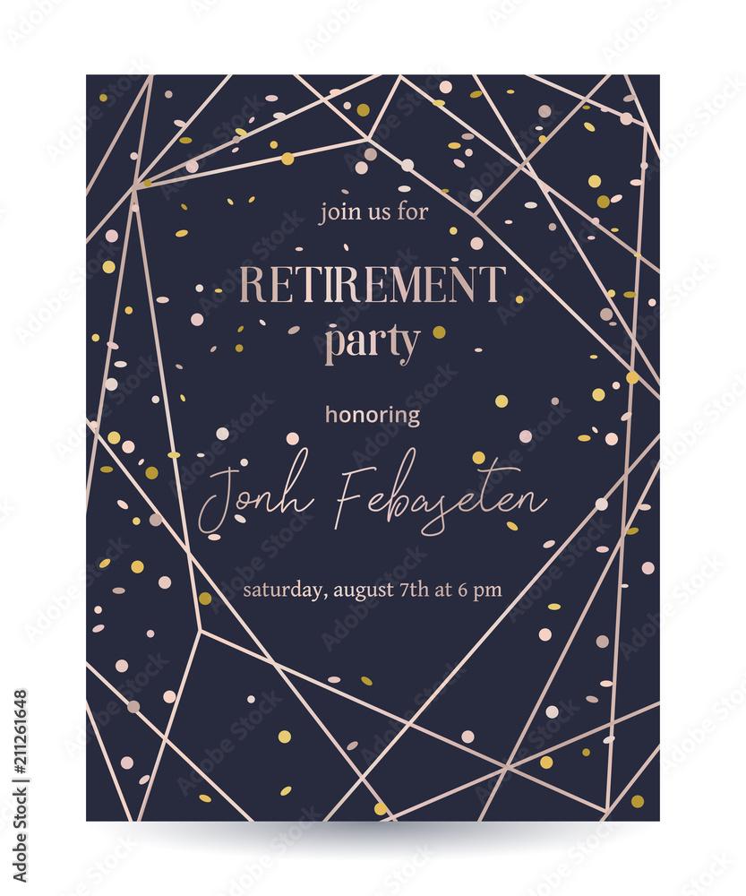 Vetor de Retirement party invitation. Design template with rose gold ...