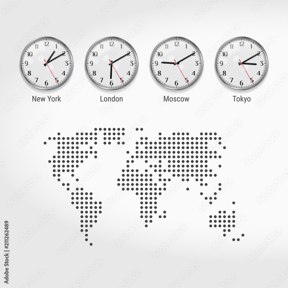 Vetor de World Time Zones Clocks. Current Time in Famous Cities. Local ...
