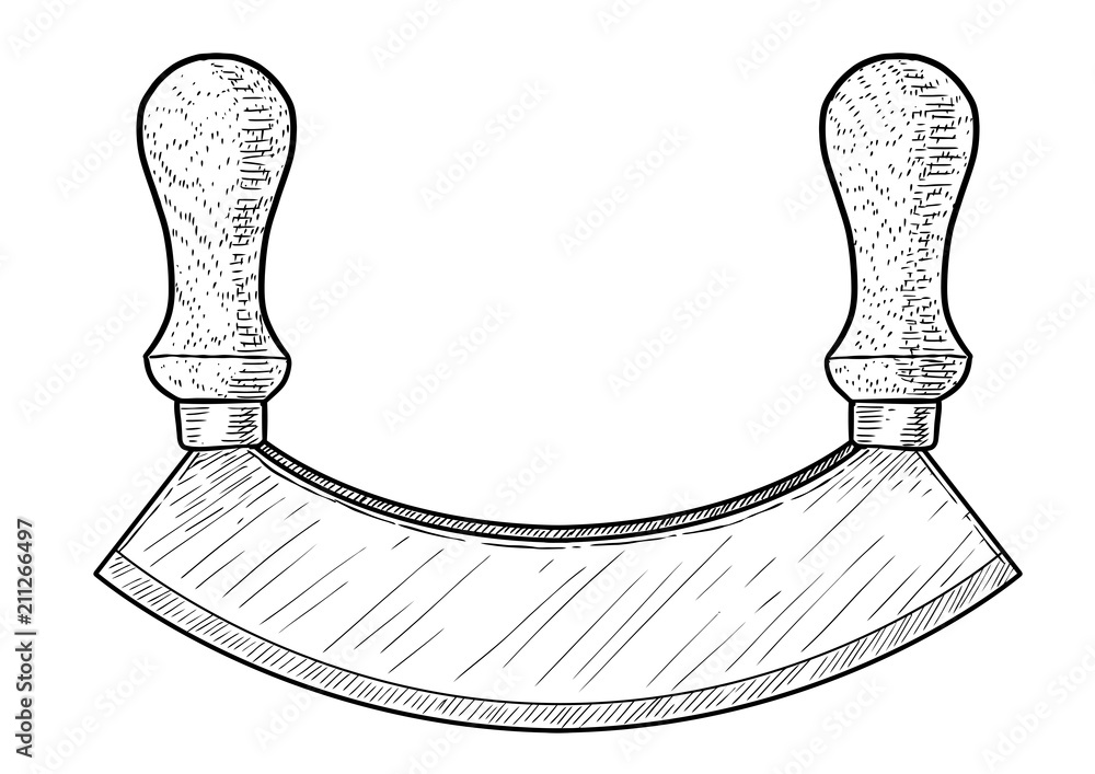 Double bladed mezzaluna, herb chopper illustration, drawing, engraving ...