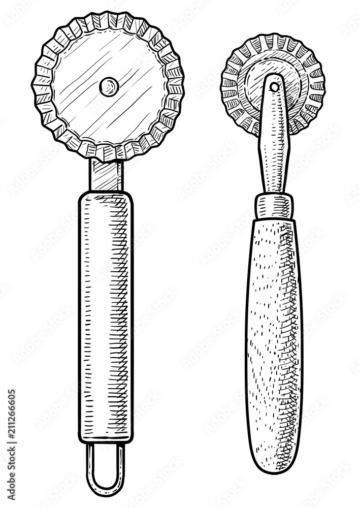 Dough, ravioli, pasta cutter illustration, drawing, engraving, ink ...