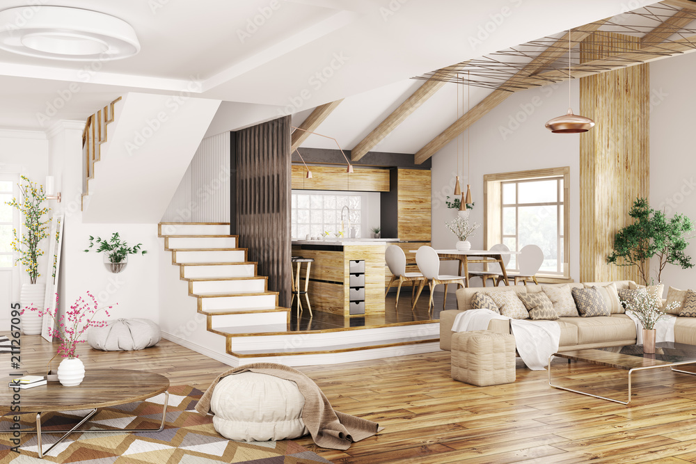 Interior of modern house 3d rendering Stock Illustration | Adobe Stock