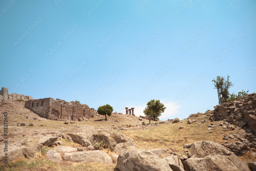 Ruins of the Temple of Athena at the ancient city of Assos. Behramkale ...