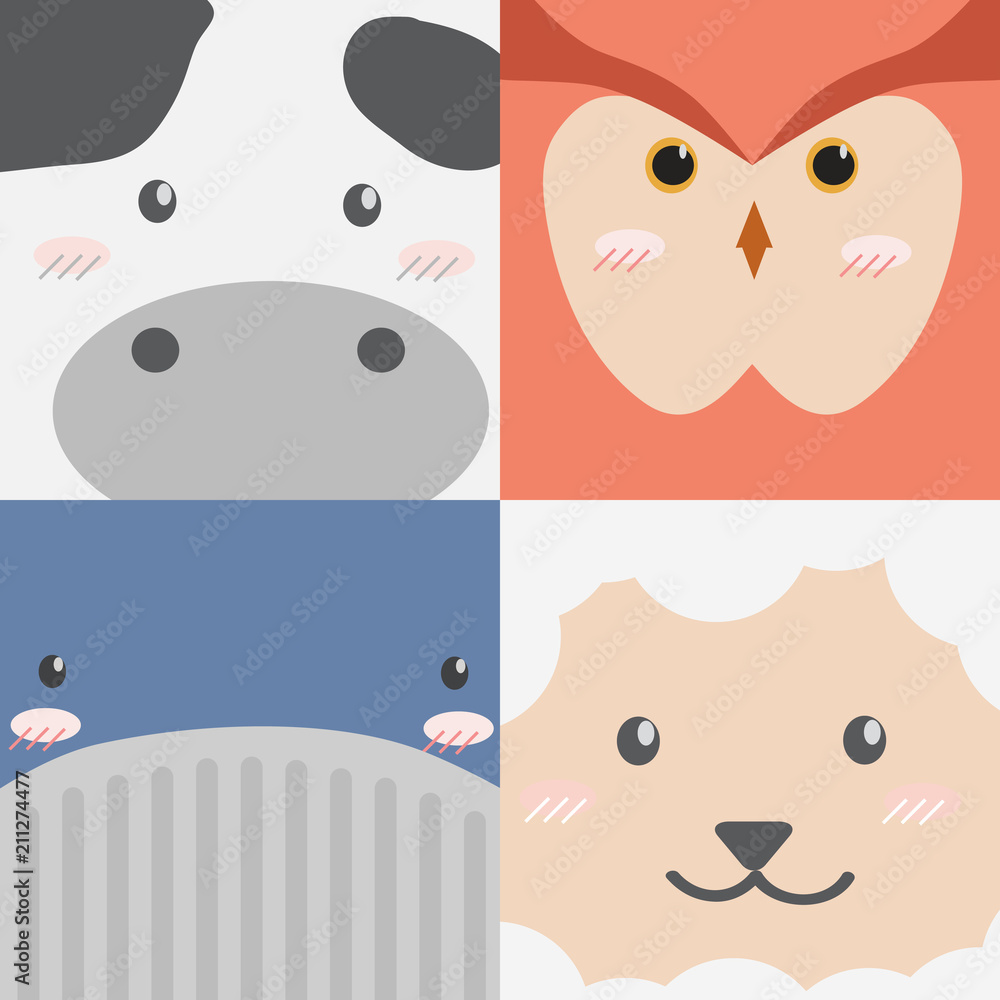 Cute adorable square animals cartoon faces cow owl whale sheep ...