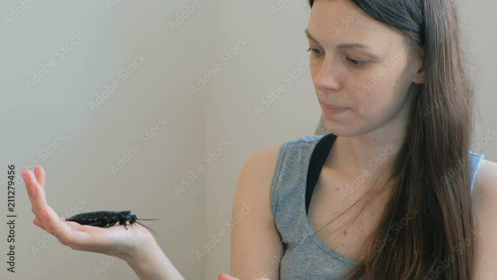 Young woman holding a male of Gromphadorhina portentosa the hissing ...