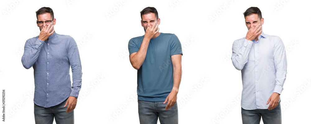 Handsome young man wearing different outfits smelling something stinky ...