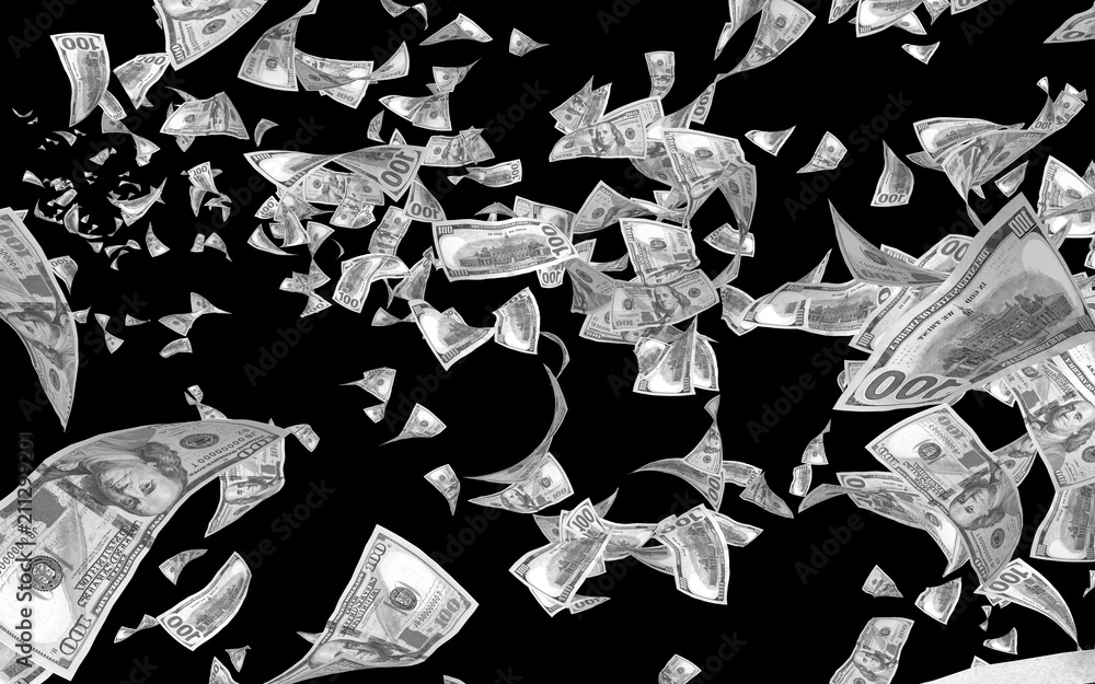 Flying dollars banknotes isolated on dark background. Money is flying ...