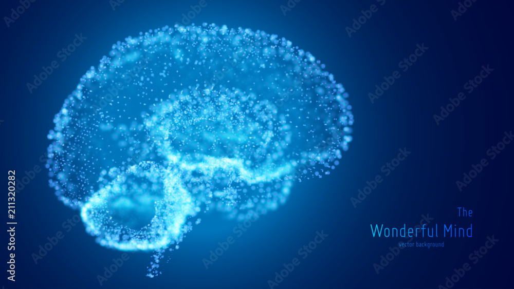 Vector blue illustration of 3d brain with glowing neurons and shallow ...
