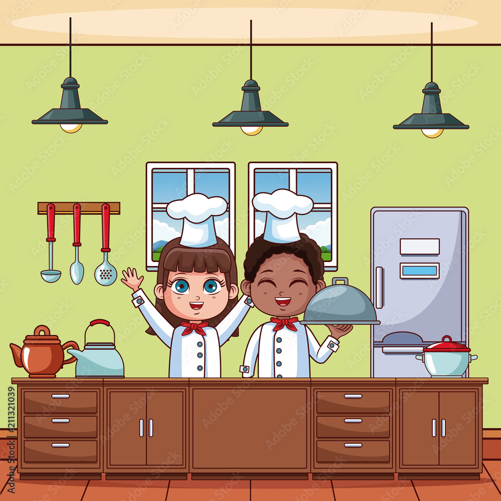 Chef kids cooking at kitchen cartoons vector illustration graphic ...