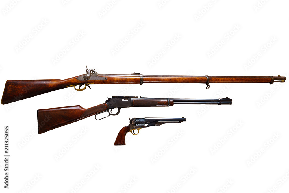Classic American weapons on white background: Civil war rifle, Wild ...