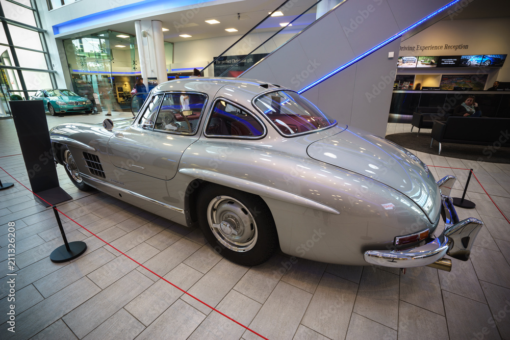 WEYBRIDGE,ENGLAND-MARCH 1, 2017: Mercedes 1956 Gullwing spider. Built ...