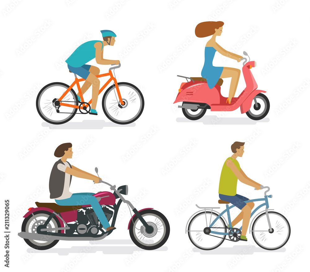 Transportation, trip, driving icon set. People rides by transport ...