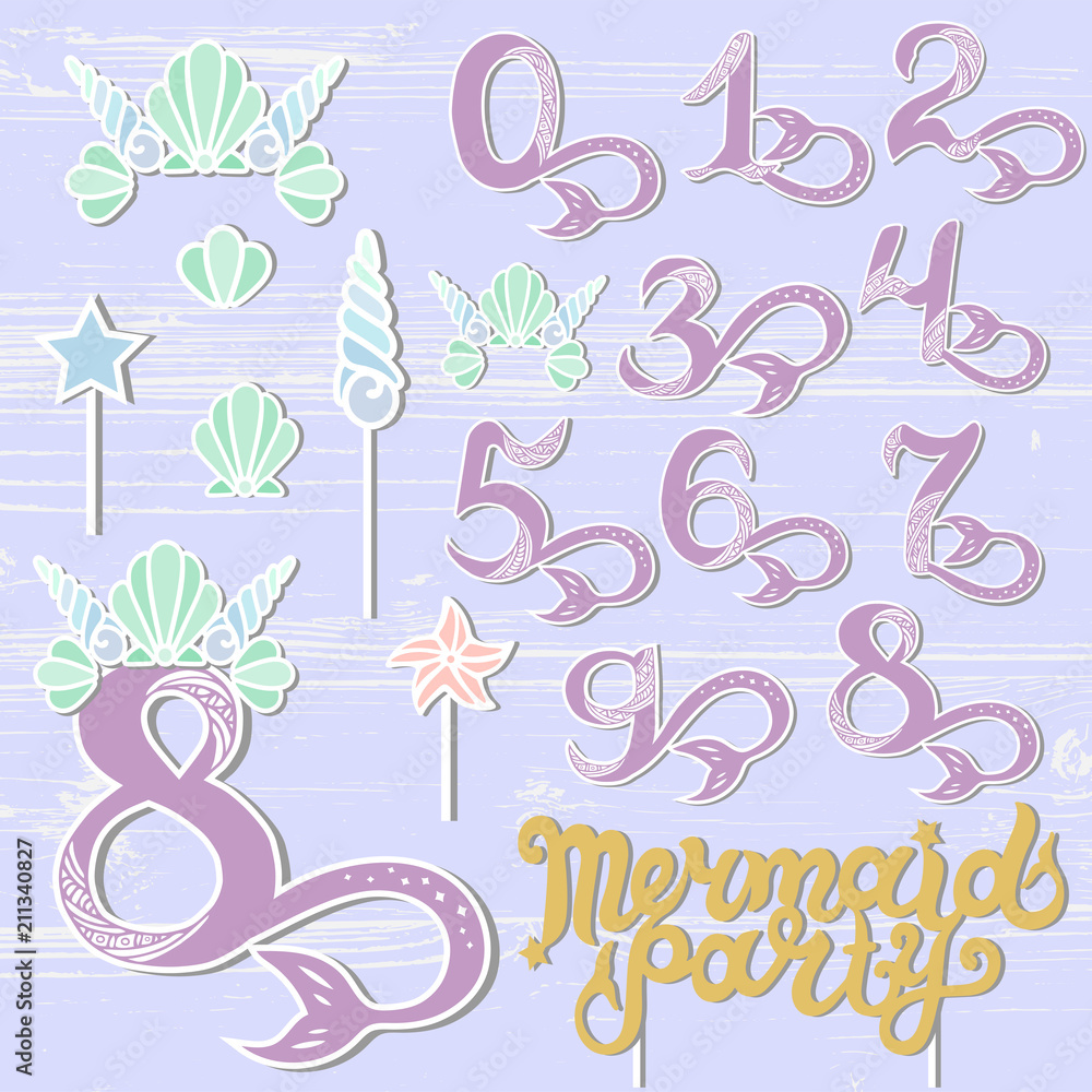 Vector set with Mermaid Party text, Sea Shell Crown, numbers. Mermaid ...