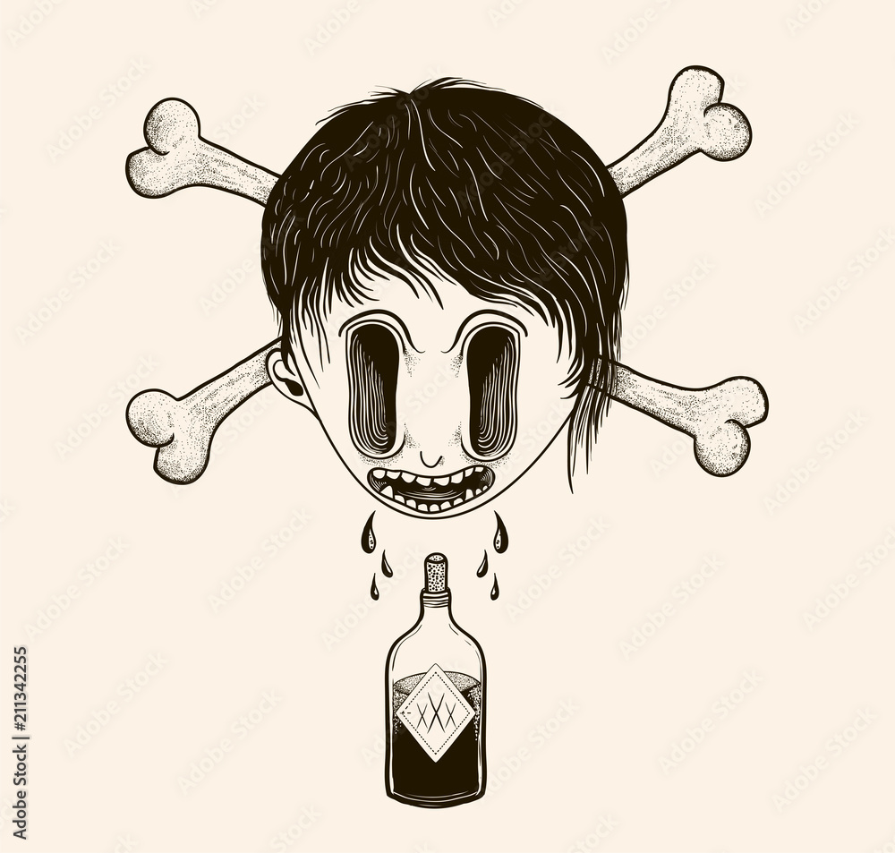 Character (boy) and bottle with a poison sign. Skull boy. Vector ...
