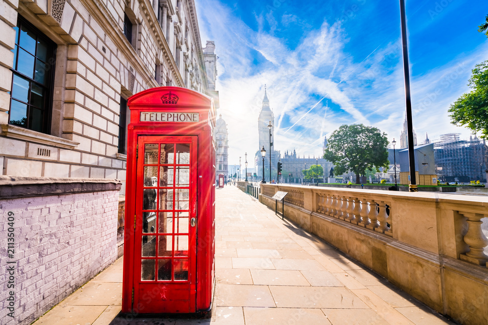 Traditional red British telephone booth in London wall mural wallpaper ...