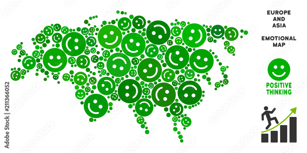 Happy Europe and Asia map collage of smileys in green hues. Positive ...